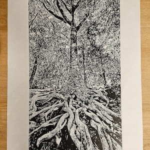 Roots/very Large Original Lino Print/sunlight Through the Trees ...