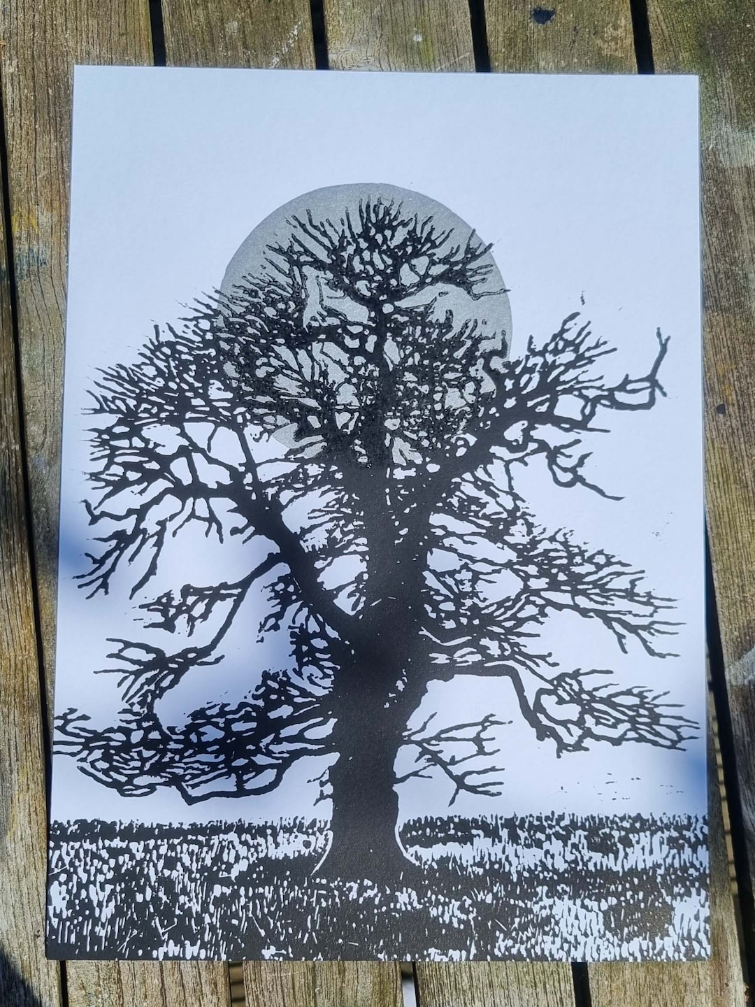 Oak Tree and the Big Moon Lino Print Black and White/linoprint ...