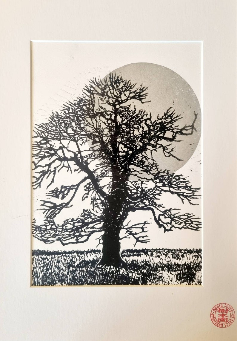 Oak Tree and the Big Moon Lino Print Black and White/linoprint ...