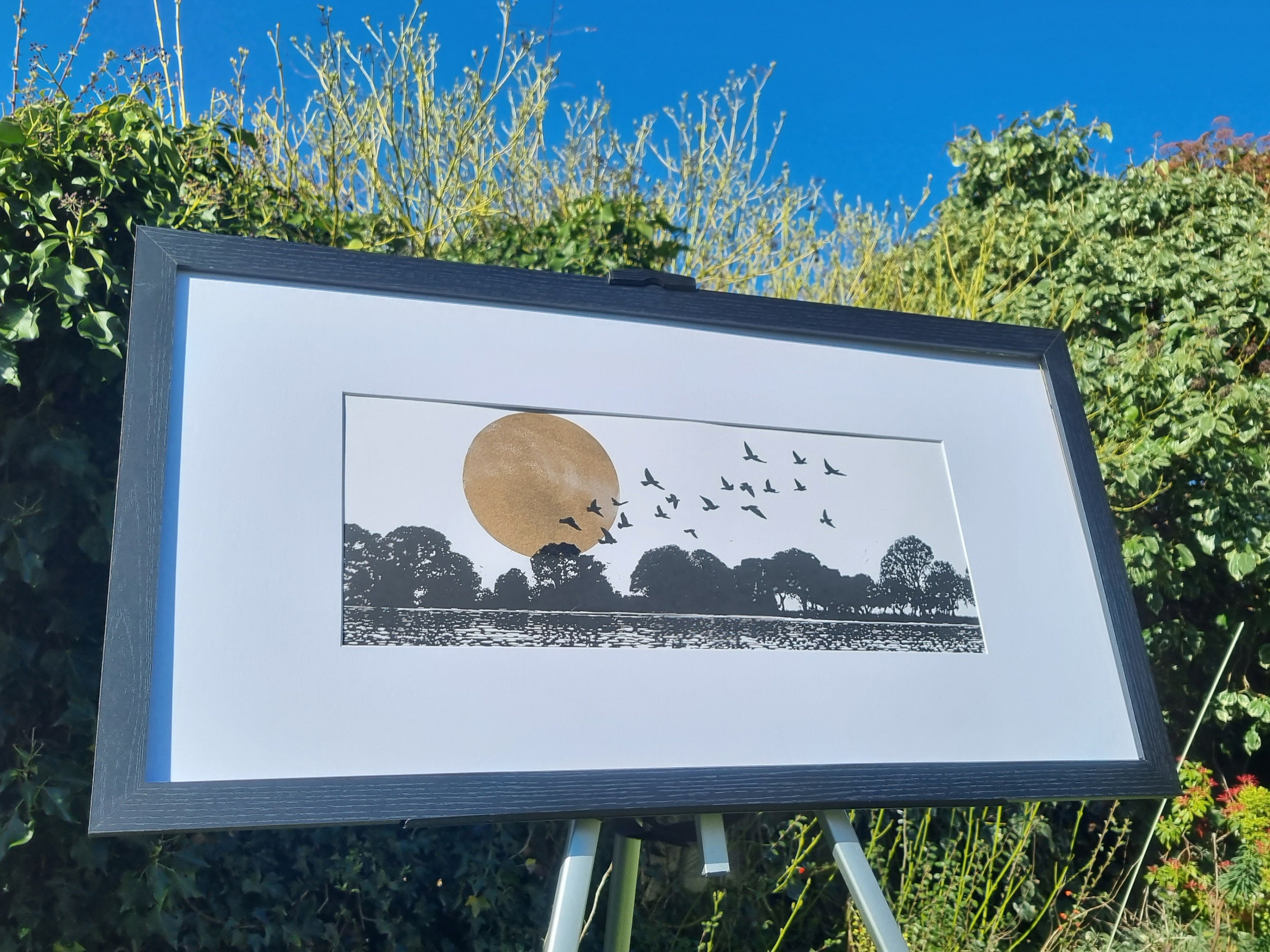 Panoramic Treescape Linocut Print: Golden Sun, Flock of Geese - Etsy