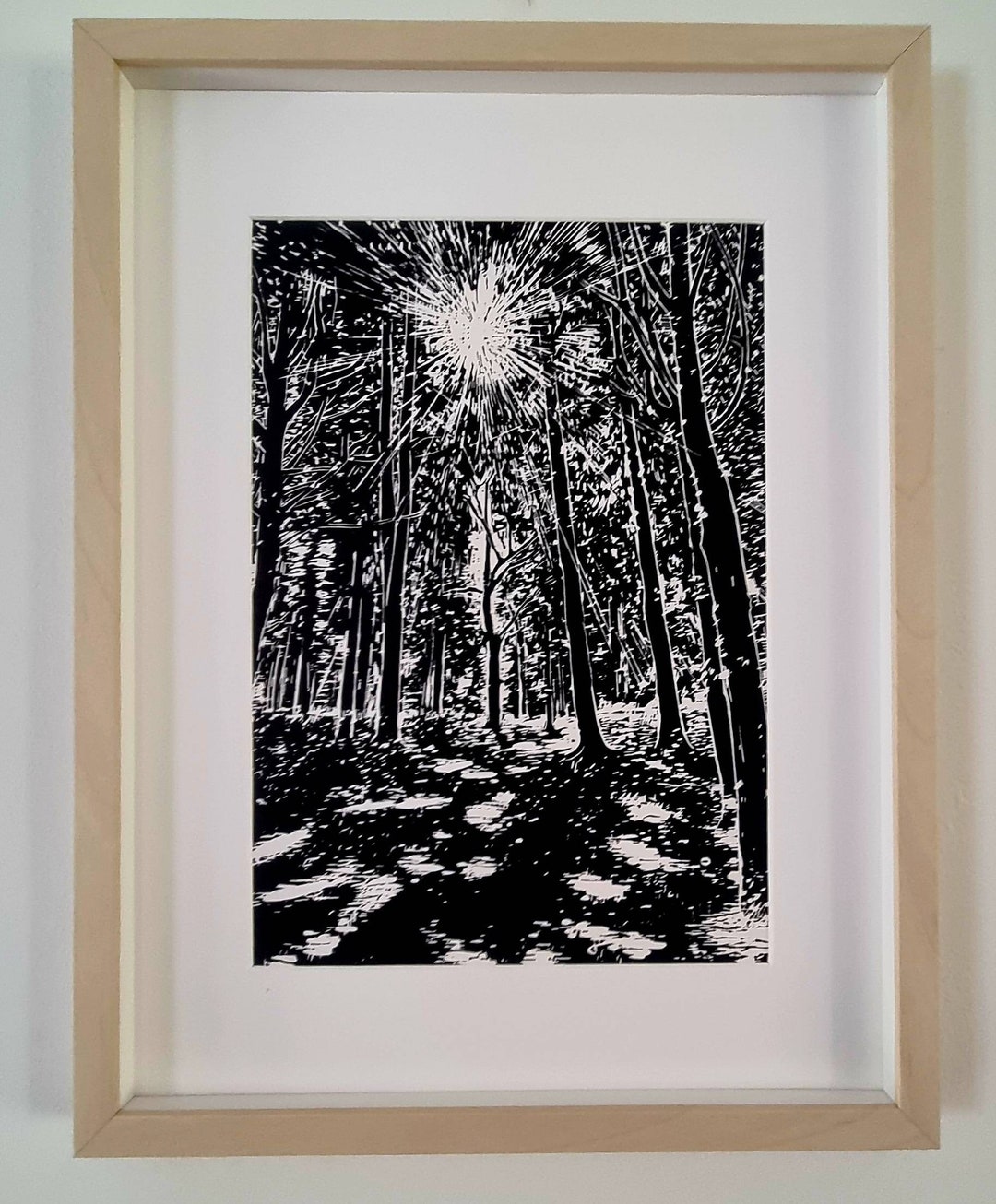 Sunburst Forest Linocut Print: Handmade Black & White Woodland Art - Etsy