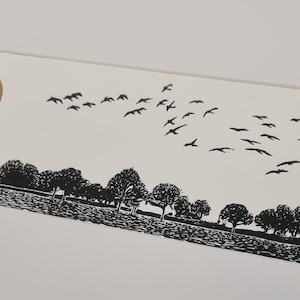 Panoramic Treescape With Flock of Birds/ Linocut Print/black and White ...