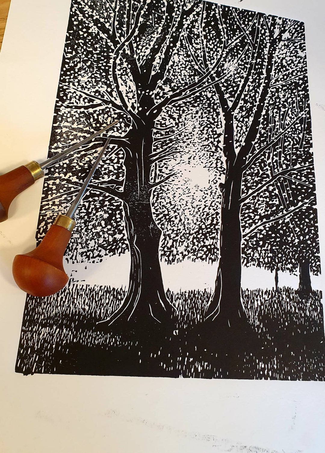 Tree Twins Linocut Printblack and White/linoprint/blockprint/nature ...