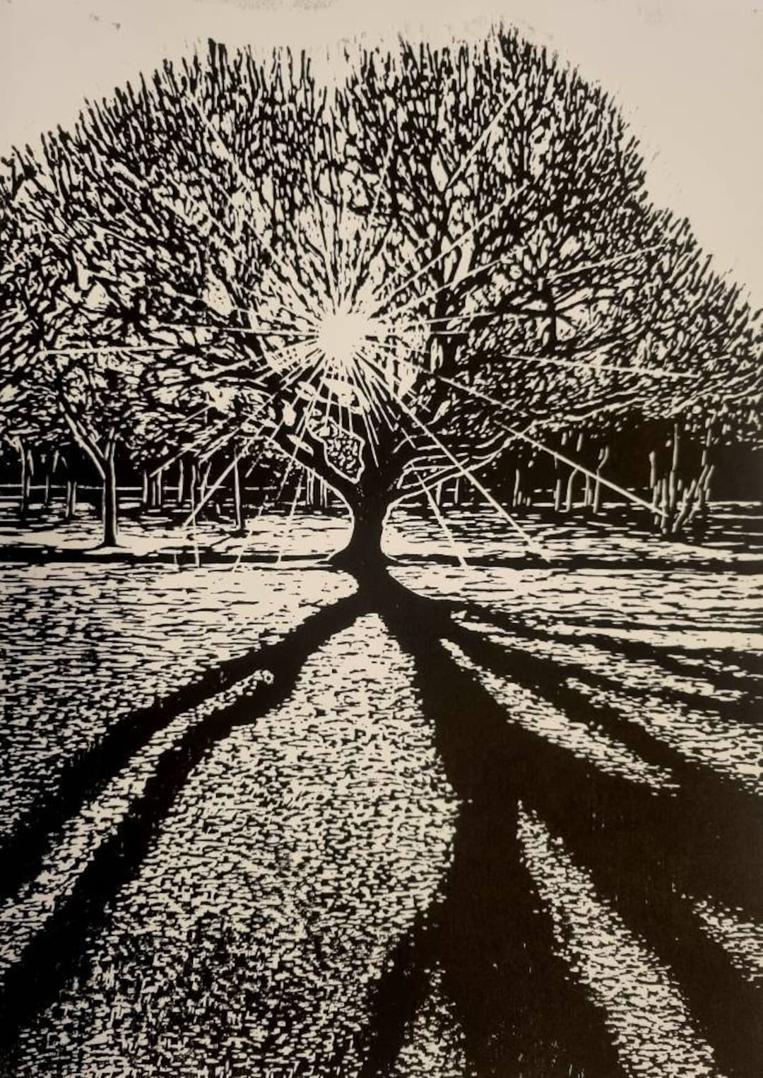 Sunrise Over the Heart-shaped Tree/lino Print/handmade/landscape/art ...