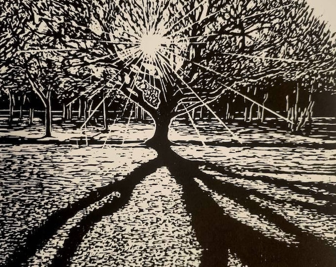 Tree Fog Landscape Countryside Art Print coloured Lino Print Hand ...