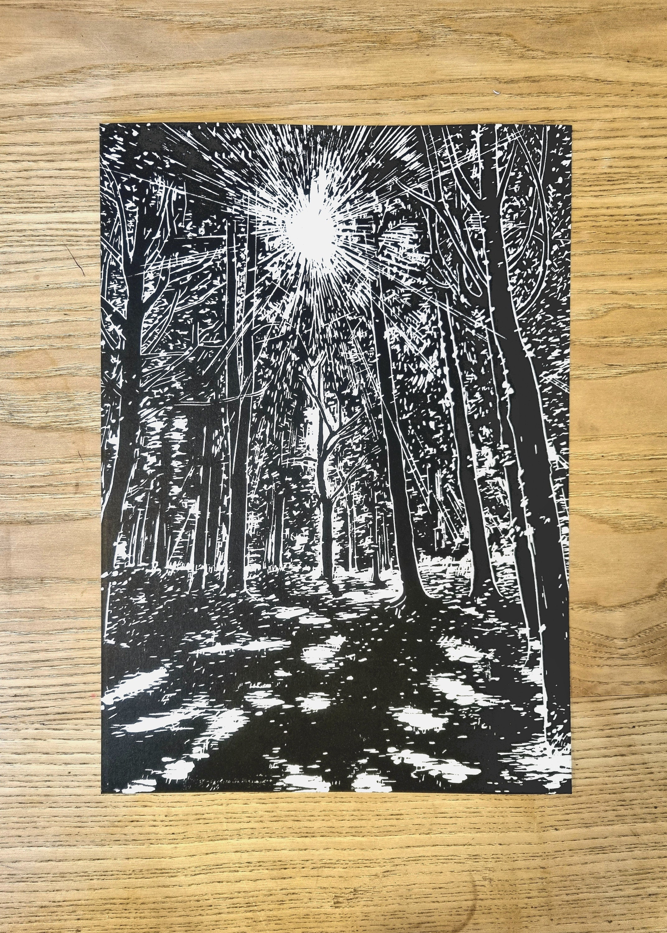 Sunburst Forest Linocut Print: Handmade Black & White Woodland Art - Etsy