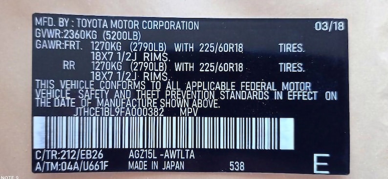 Toyota VIN PLATE or Sticker - Etsy