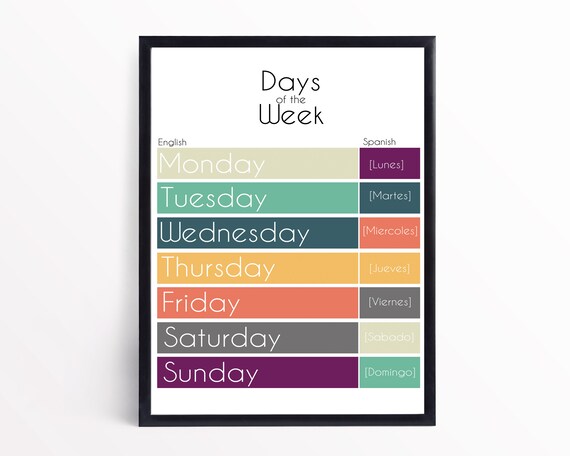 Days of the Week English & Spanish Classroom Playroom - Etsy