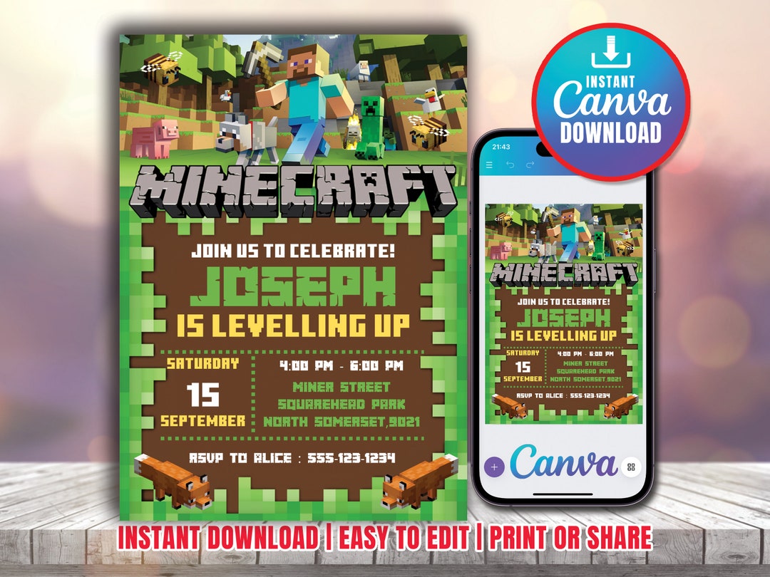 Editable Minecraft Birthday Invitation, Minecrafter Birthday ...