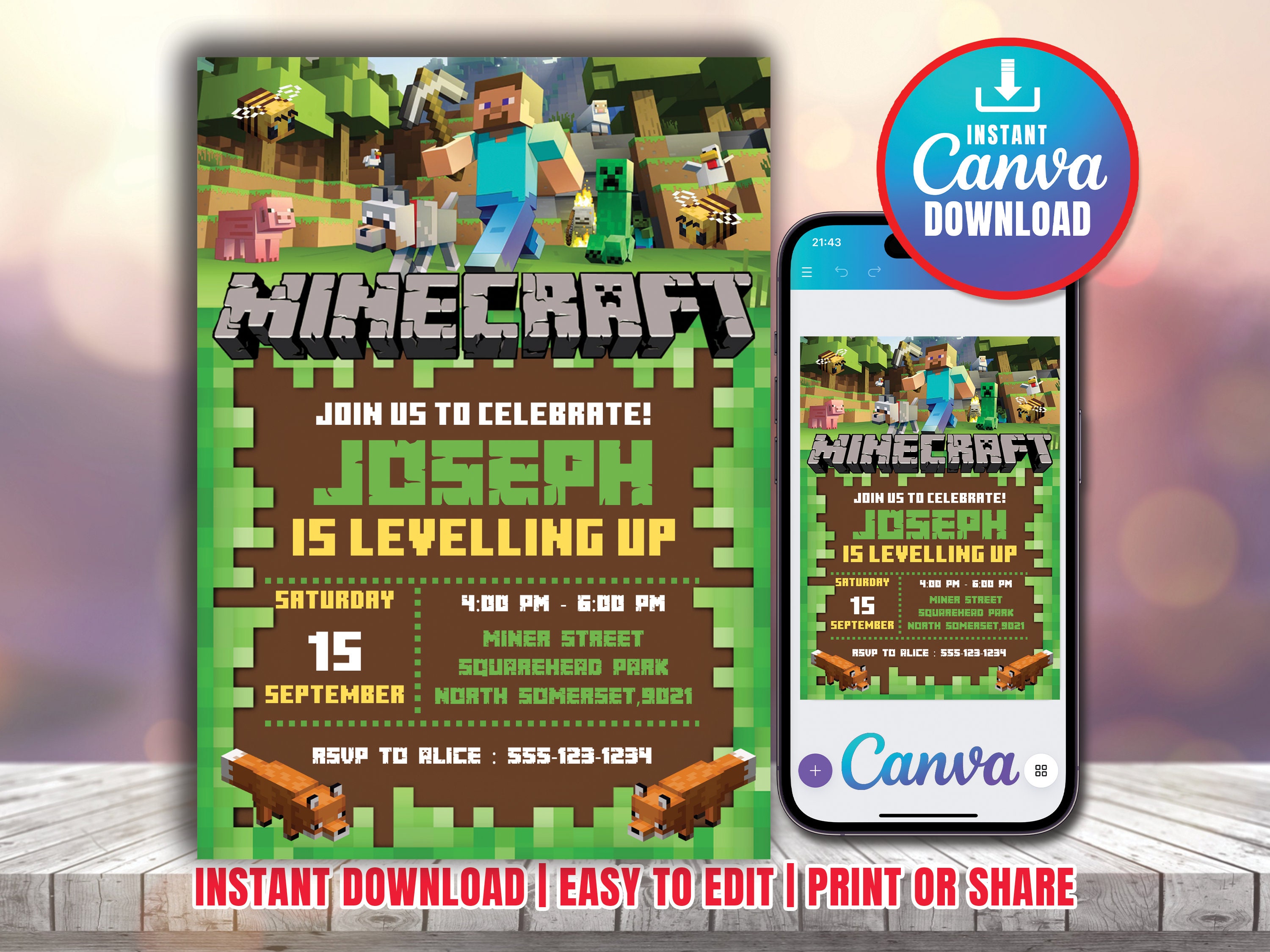 Editable Minecraft Birthday Invitation, Minecrafter Birthday ...