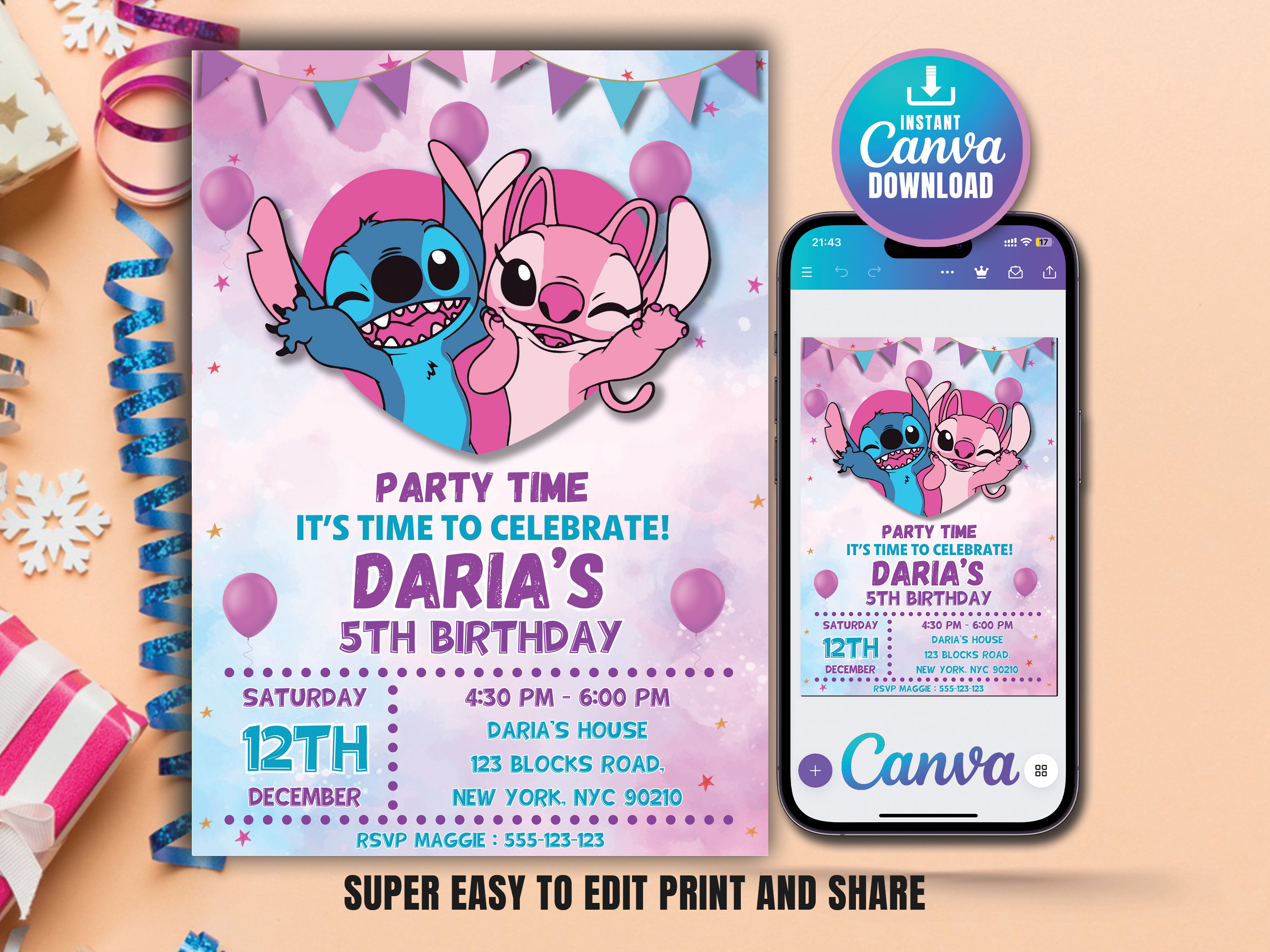 Stitch Birthday Invitation Template Editable Stitch Girls Birthday ...