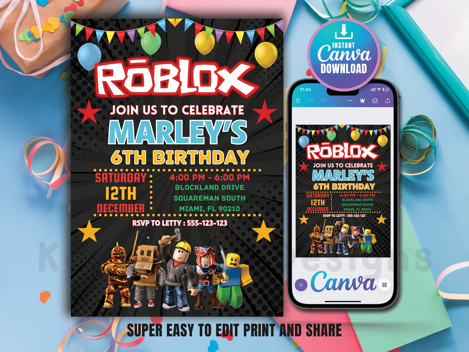 Roblox Birthday Invitation, Roblox Game Party, Roblox Invitation, Kids ...