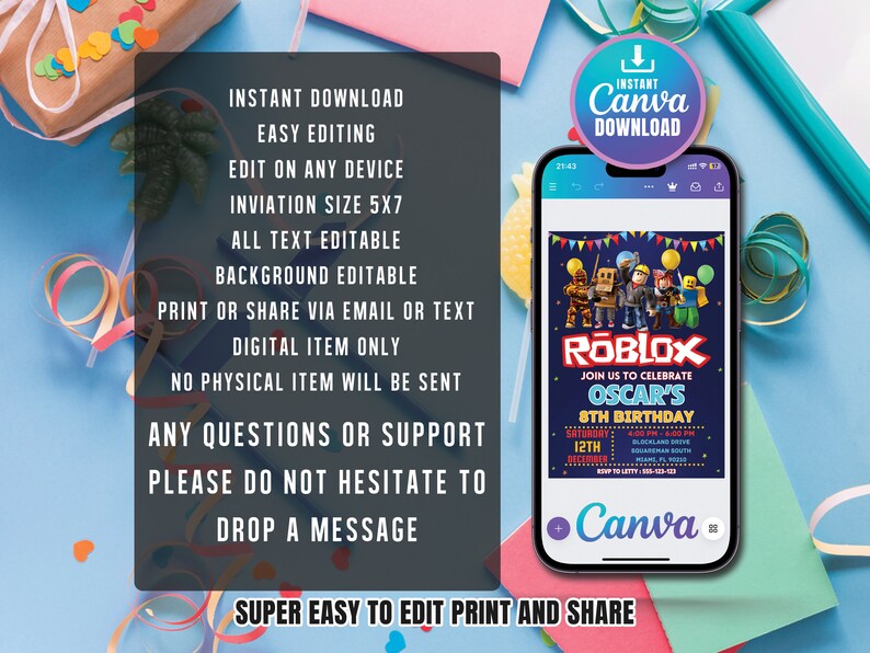Roblox Birthday Invitation, Roblox Game Party, Roblox Invitation, Kids ...
