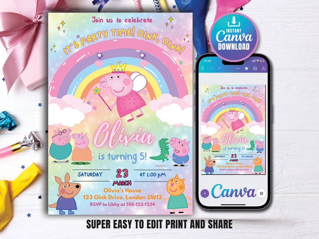 Editable Peppa Pig Birthday Invitation, Peppa Pig Invite, Peppa Pig ...