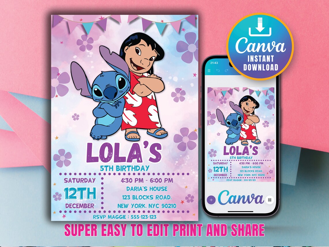 Stitch Birthday Invitation Template Editable Stitch Girls Birthday ...