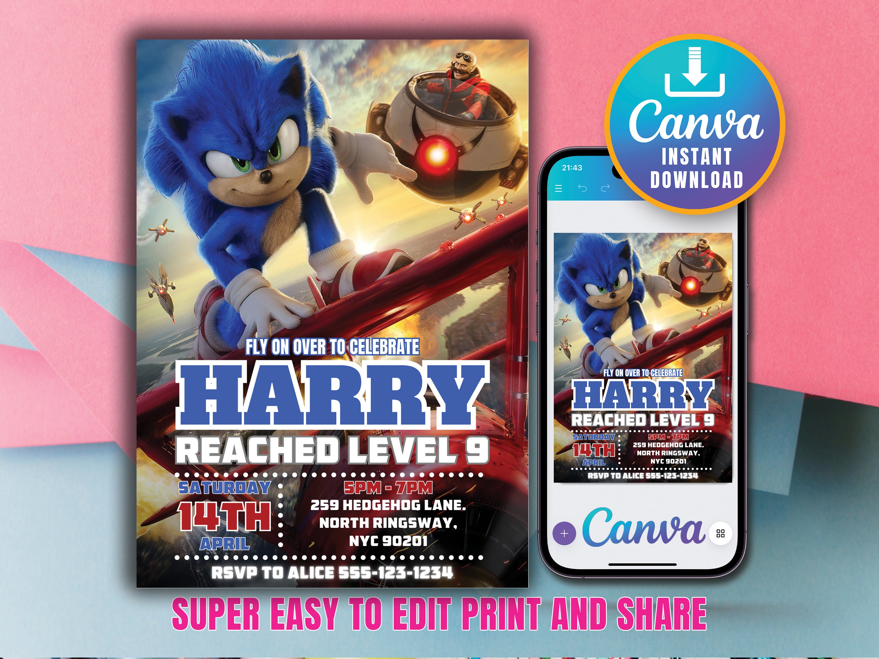Sonic the Hedgehog Birthday Invitation - Kids Digital Invite - Digital ...
