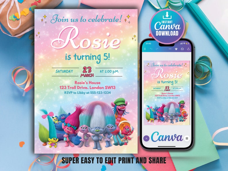 Trolls Birthday Invitation INSTANT DOWNLOAD | Trolls Party Invite ...