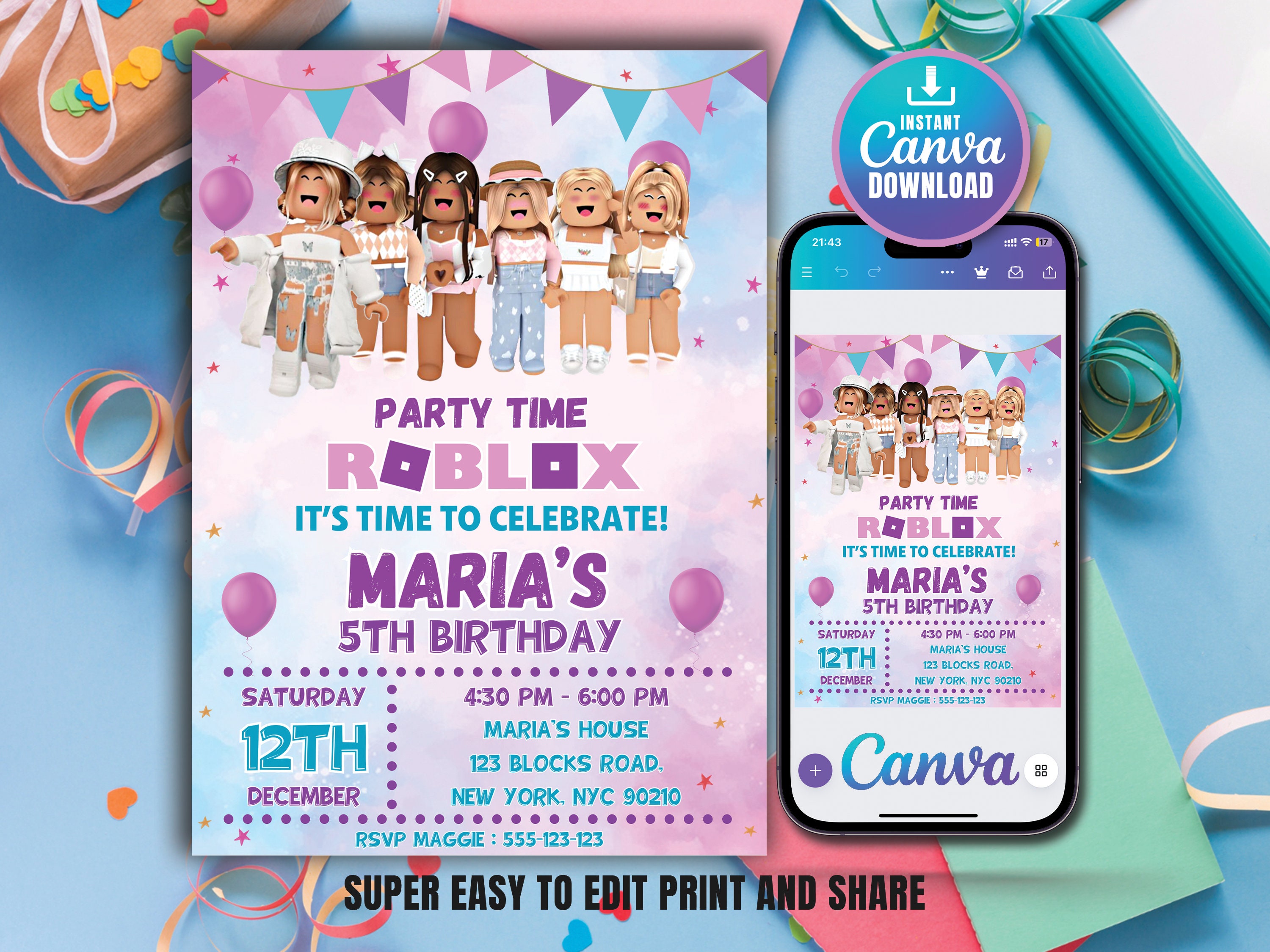 Roblox Invitation, Roblox Invite, Game Party, Roblox Girls Birthday Invitation Template, Girl ...