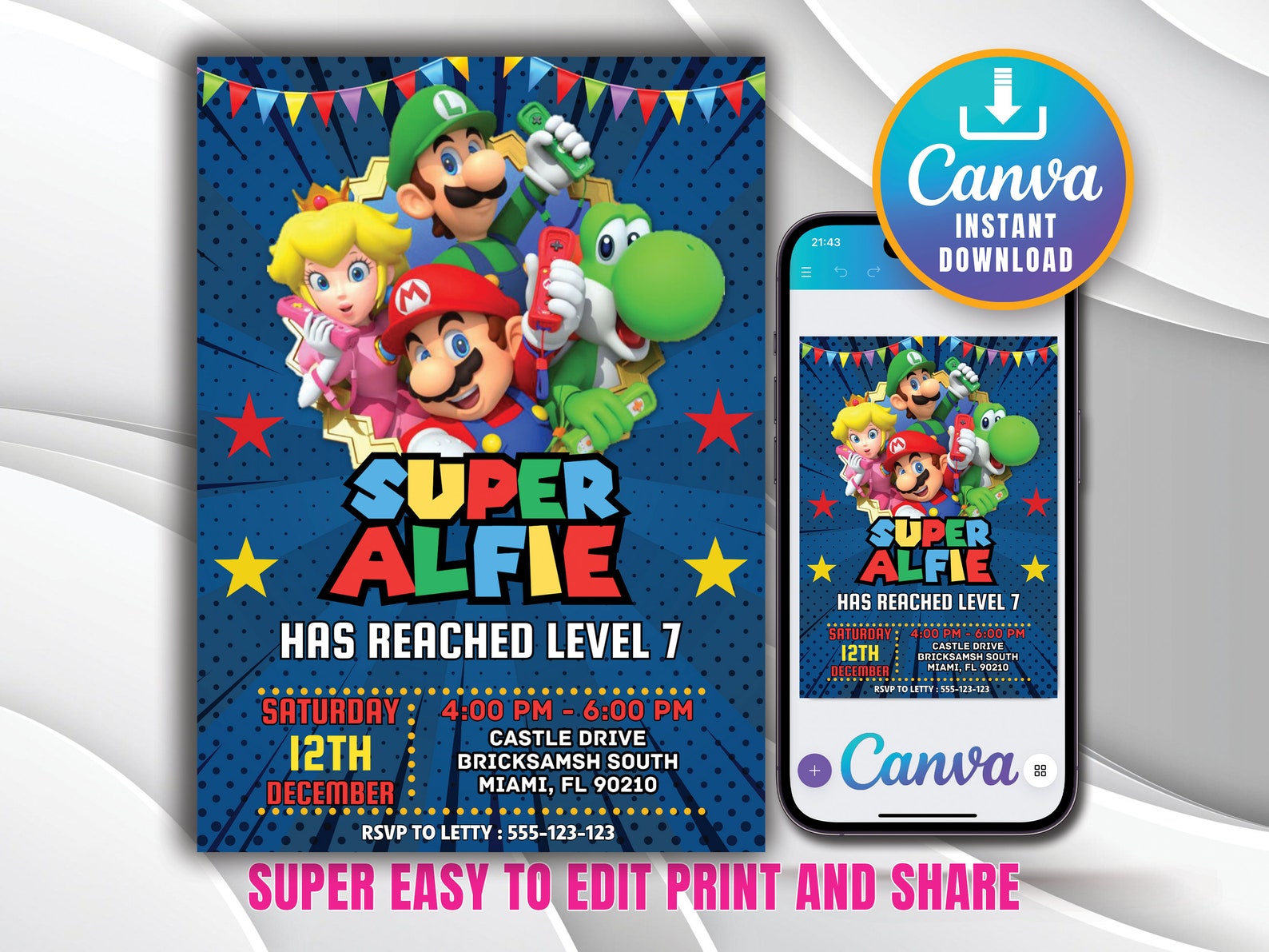 Super Mario Bros Invitation, Super Mario Birthday Invitation, Super ...