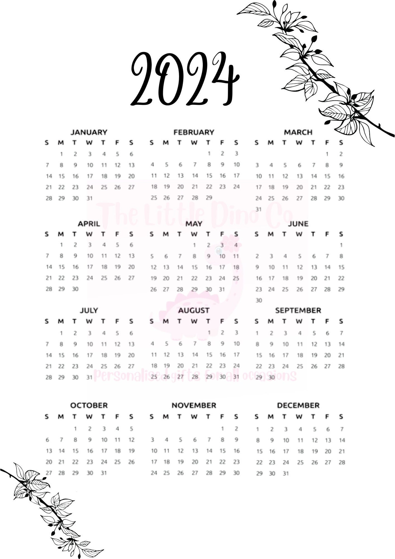 Printable 2024 Calendar, PDF Calendar, Year to View 2024, 2024 Yearly ...