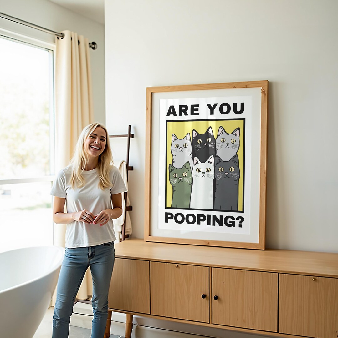 Are You Pooping? Funny Cat Bathroom Poster, Mischief Kitty Wall Art ...