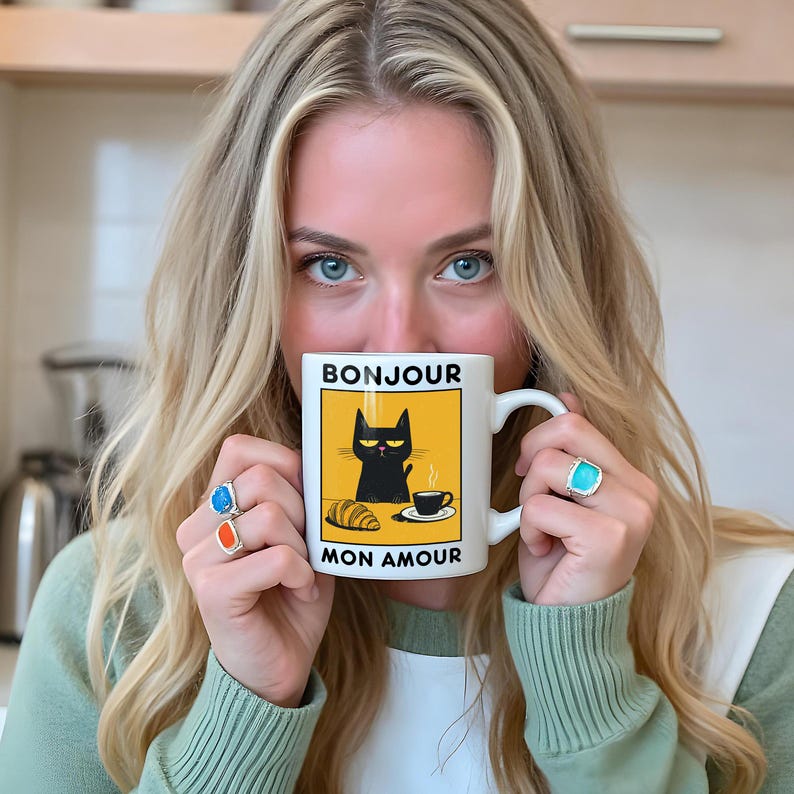 Personalized French Cat Mug: Bonjour Mon Amour Coffee Cup - Etsy