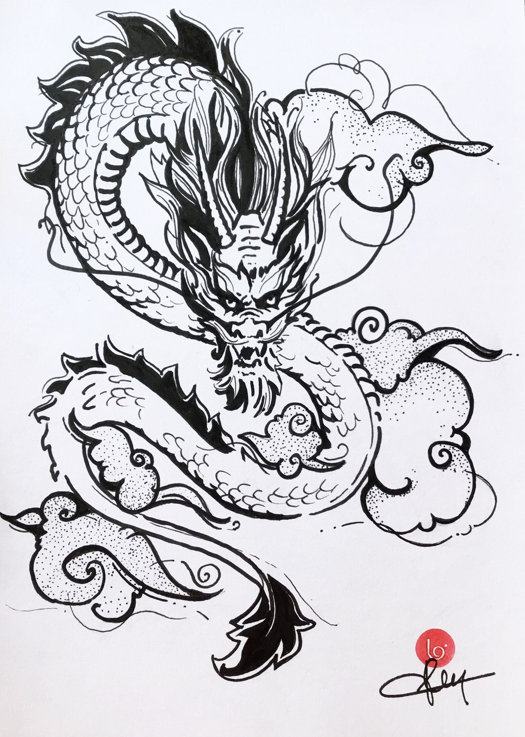 Le regard du Dragon Dibujo con fieltros en tinta india - Etsy España