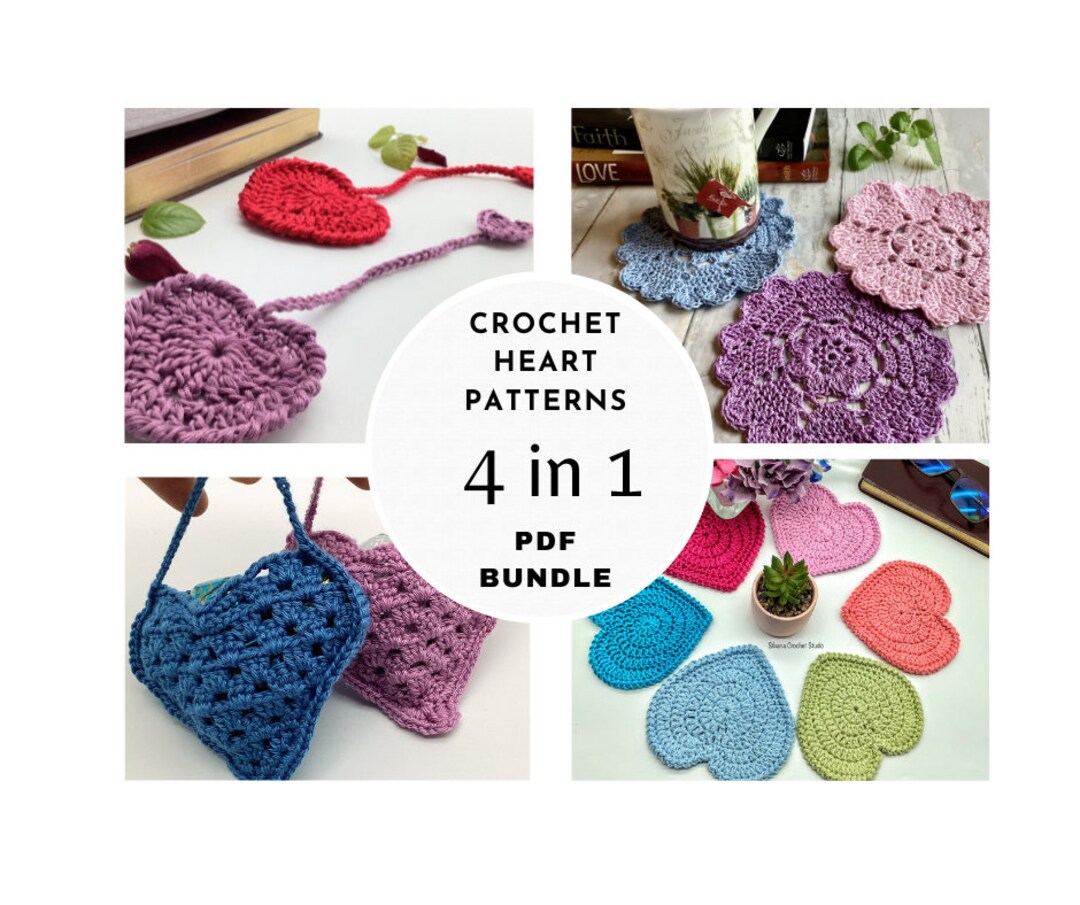 Crochet Pattern 4 Heart Bundle Patterns Heart Boomark Heart Doily Heart ...