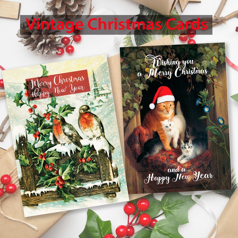 2 Printable Vintage Christmas Cards Cat With Kittens by Henriette Ronner Birds by P Sander ...
