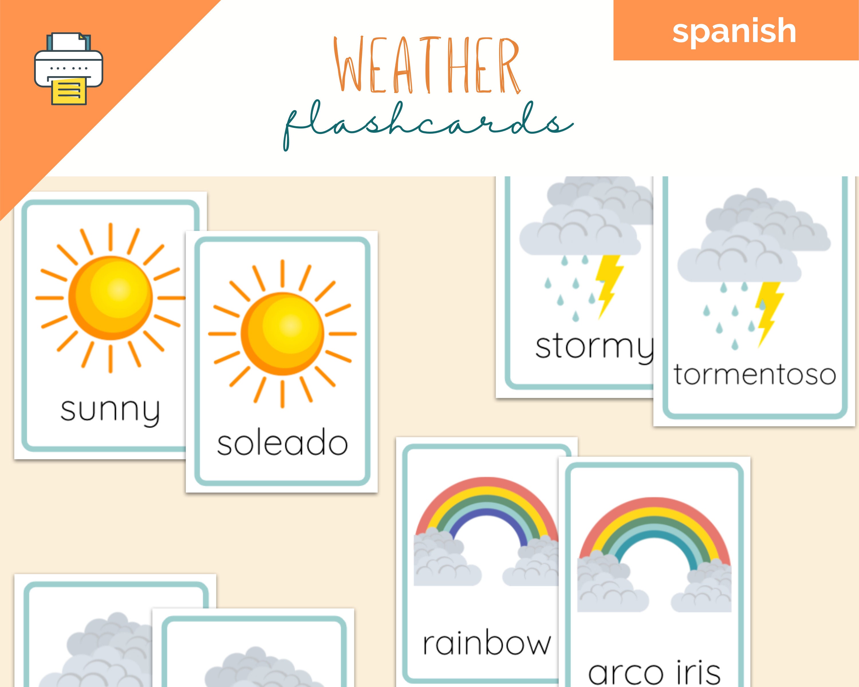 Spanish Weather Printable Flashcards, Weather & Seasons Vocabulary ...