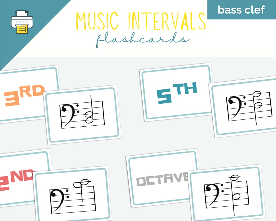 Piano Intervals Printable Flashcards, Bass Clef, Keyboard Music Notes ...