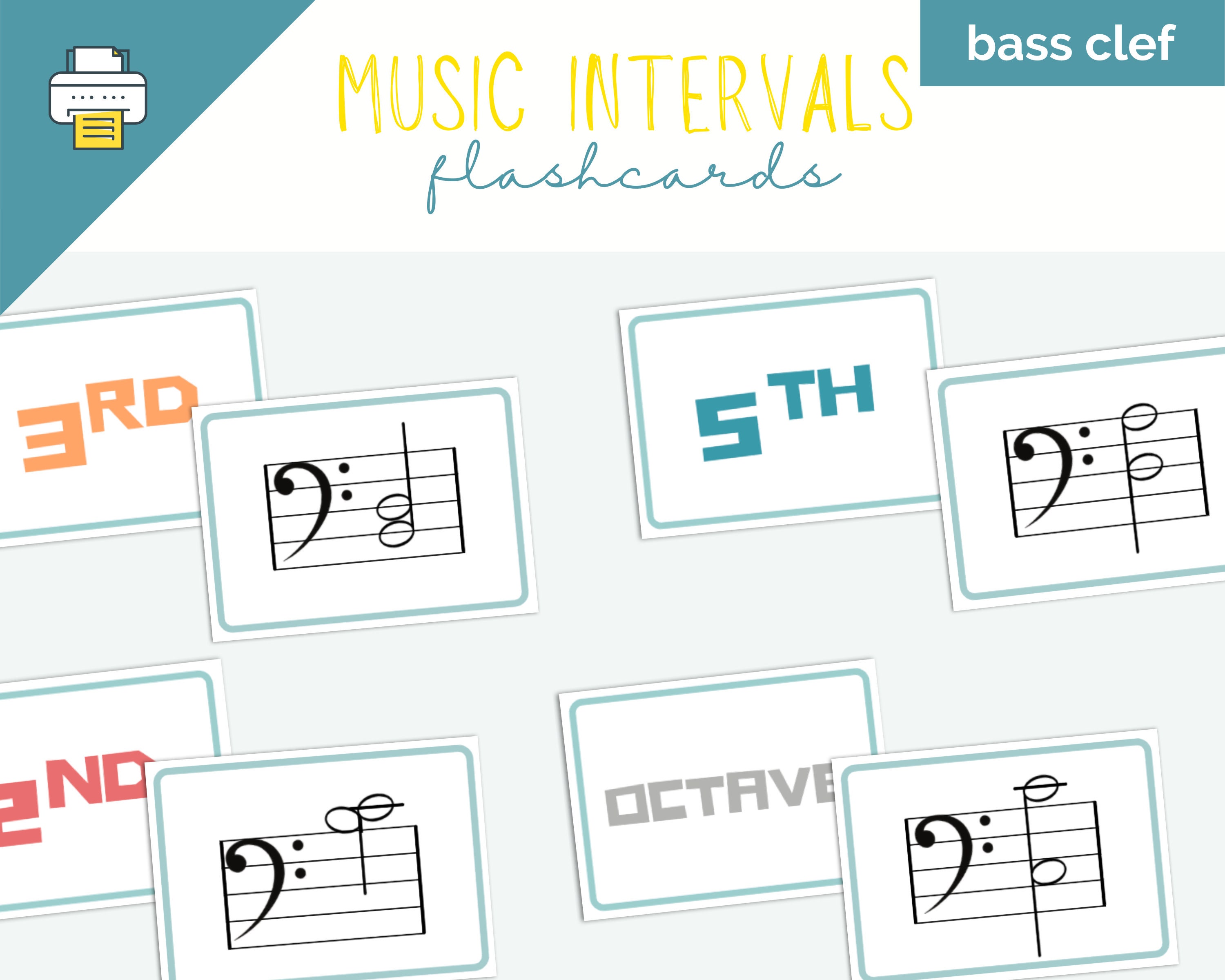 Piano Intervals Printable Flashcards, Bass Clef, Keyboard Music Notes ...