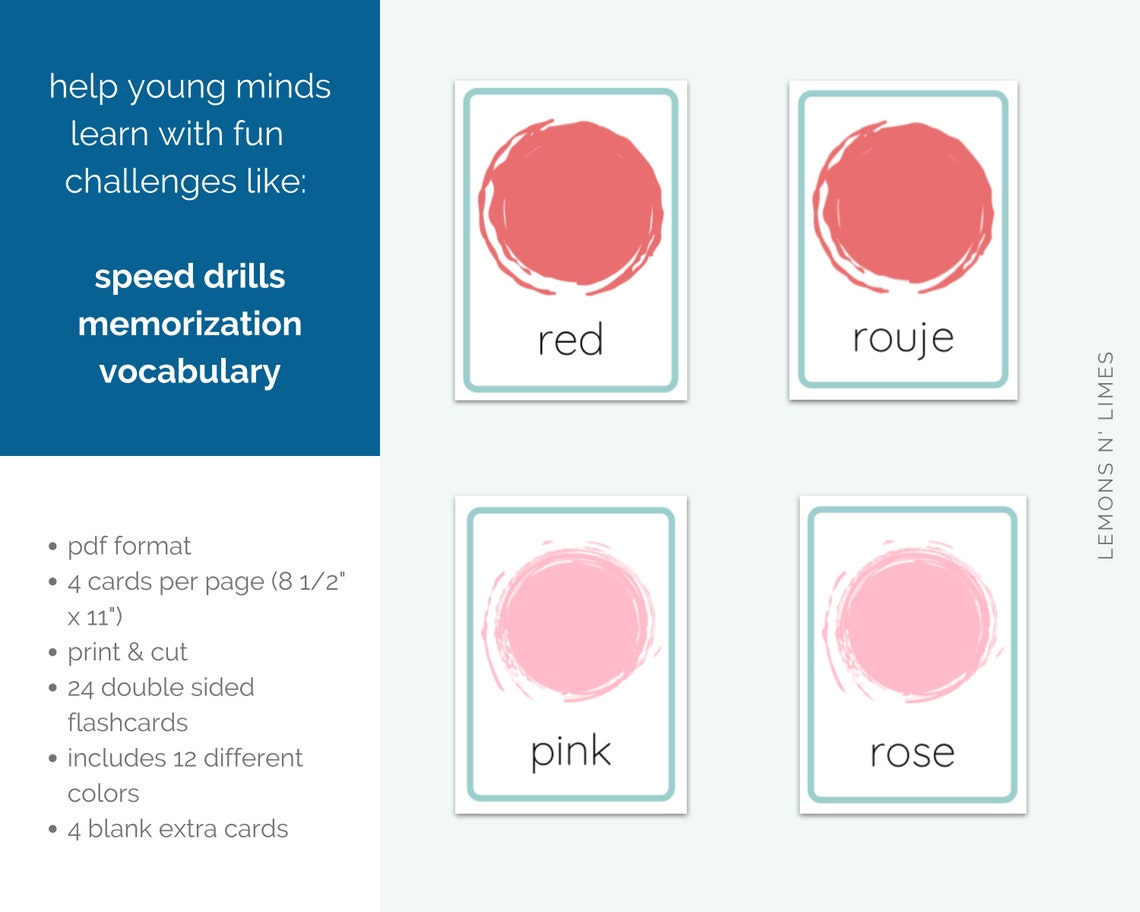 French Colors Printable Flashcards, French English Vocabulary ...