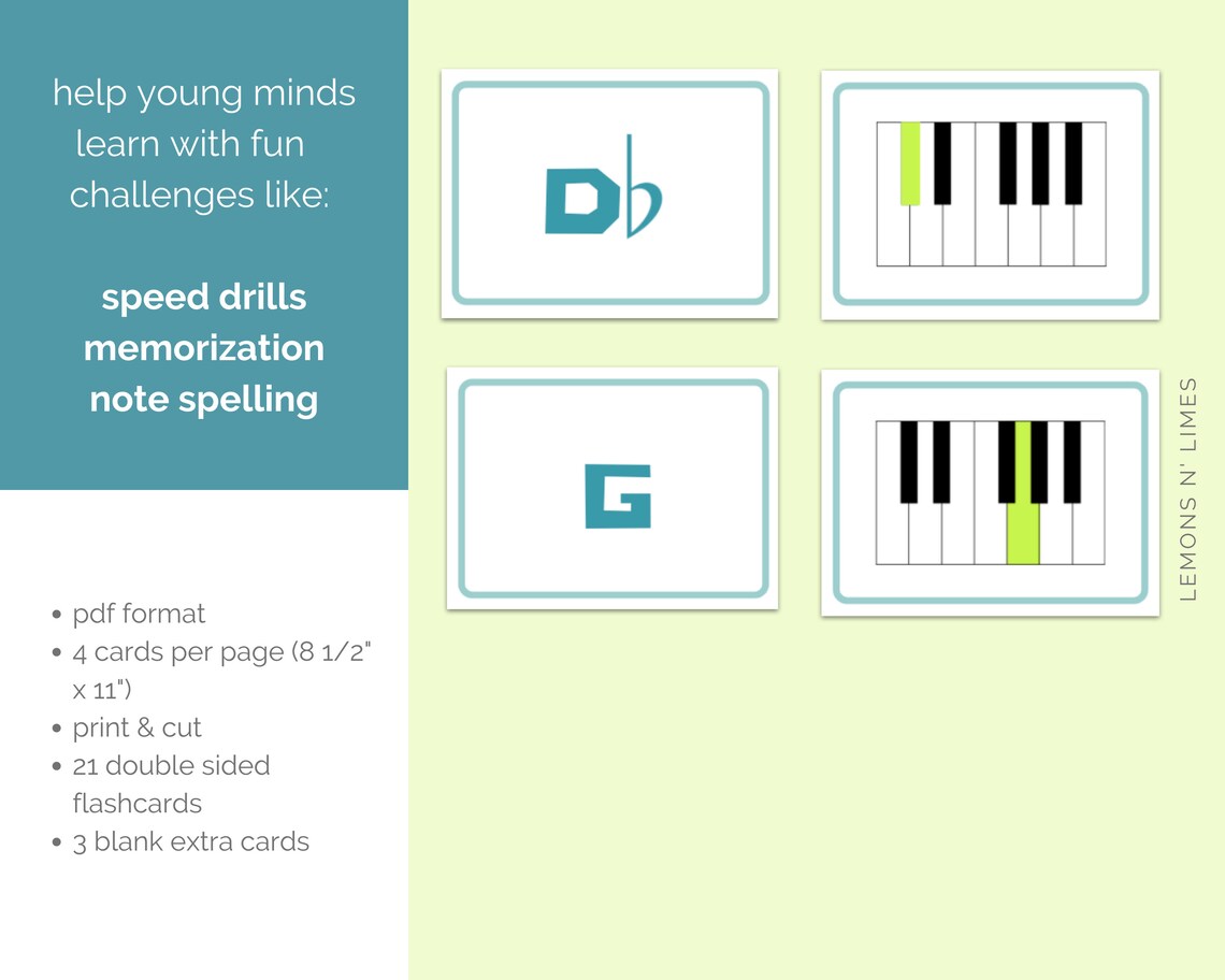 Piano Keys Printable Flashcards, Piano Music Notes Notecards, Music ...