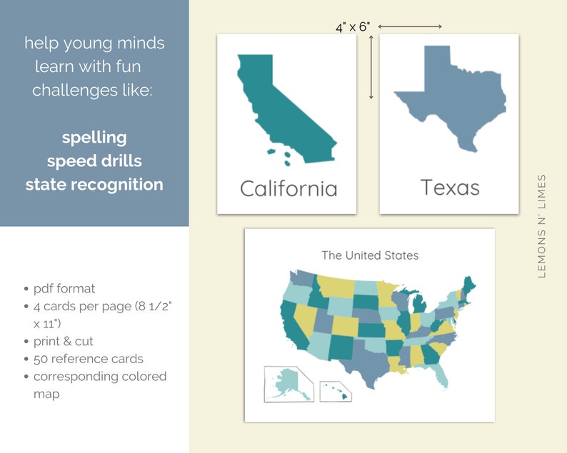 United States Printable Cards, USA Geography Flashcards, Wall Art ...