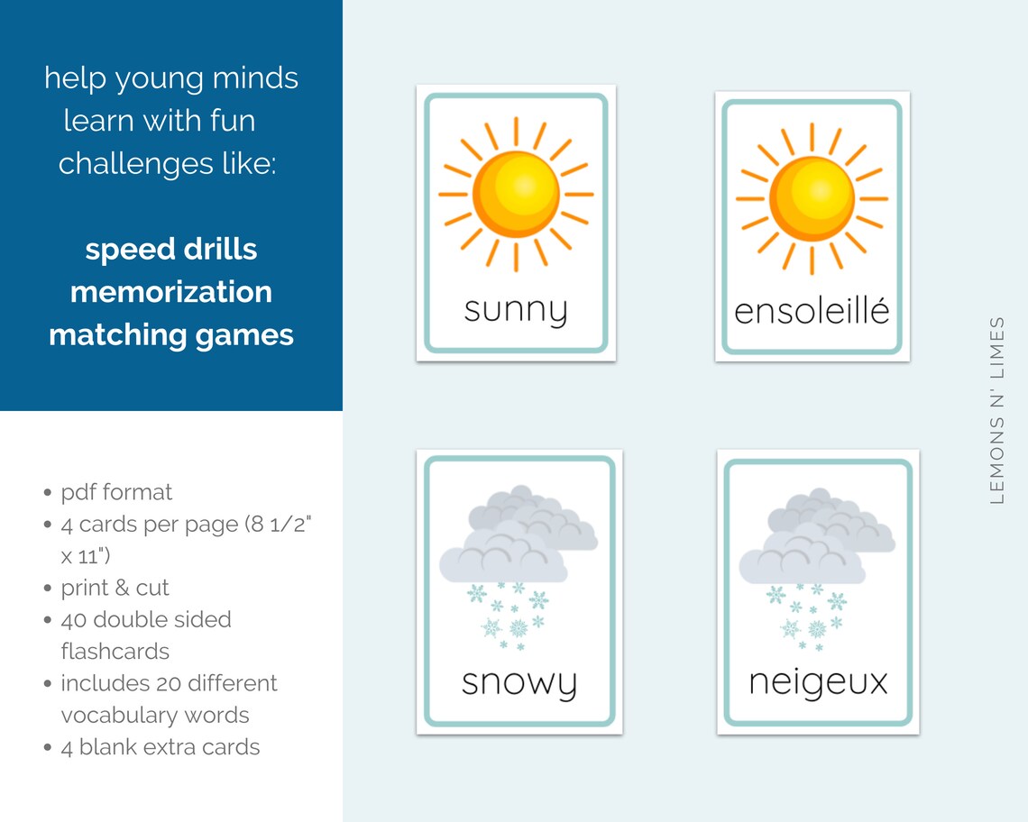 French Weather Printable Flashcards, Weather & Seasons Vocabulary ...