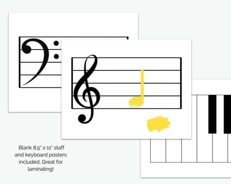 Piano Keys and Staff Printable Flashcards, Piano Music Notes Notecards ...