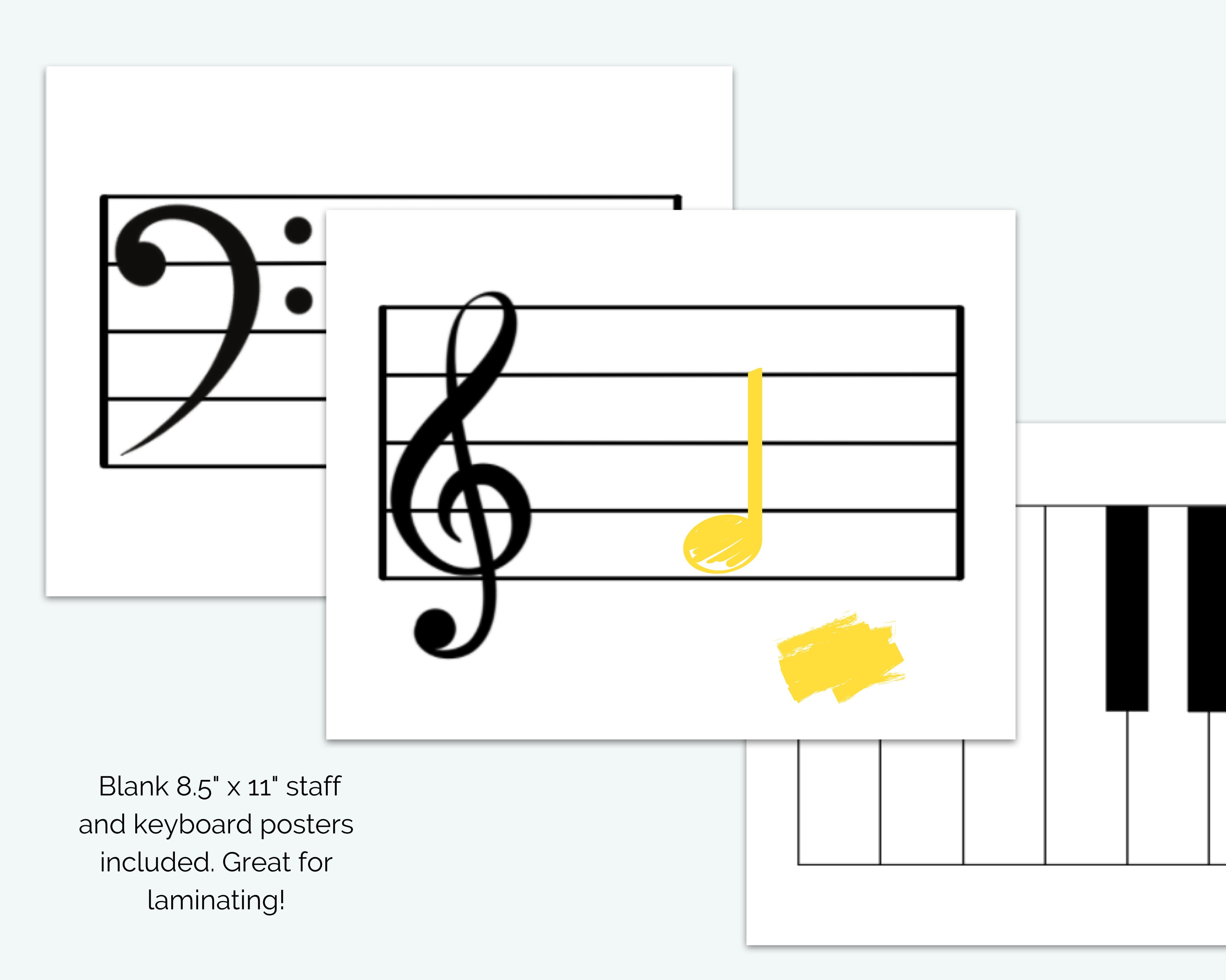 Piano Keys and Staff Printable Flashcards, Piano Music Notes Notecards ...