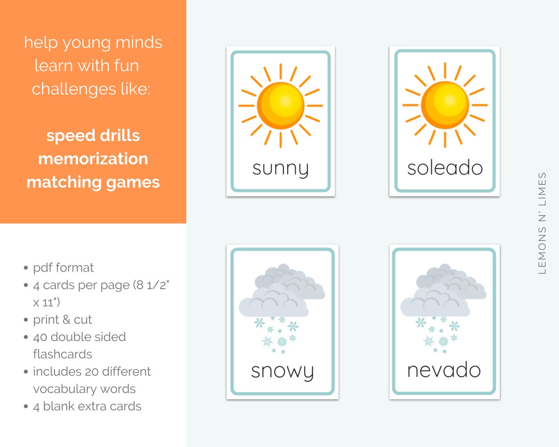 Spanish Weather Flashcards, Bilingual Learning (digital Download) - Etsy