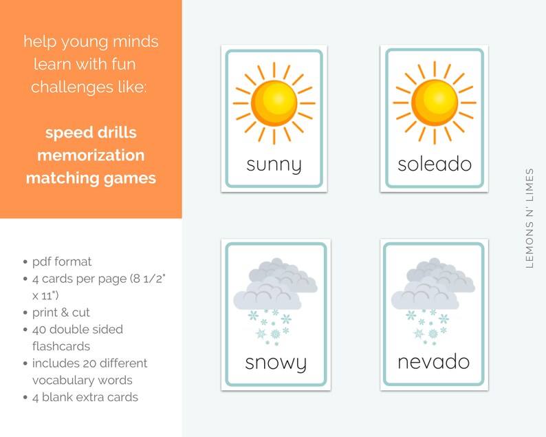 Spanish Weather Printable Flashcards, Weather & Seasons Vocabulary ...