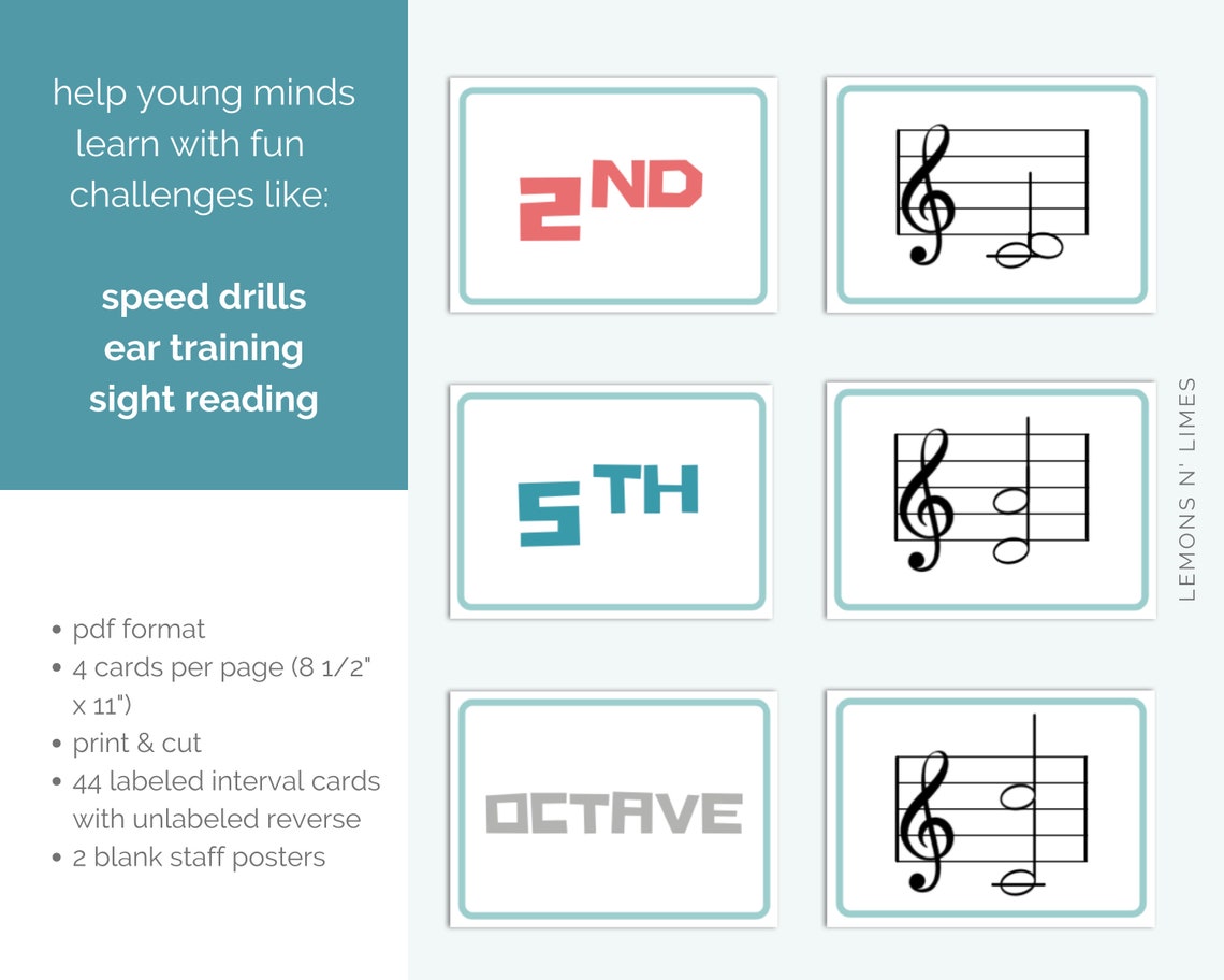 Piano Intervals Printable Flashcards, Treble Clef, Keyboard Music Notes ...