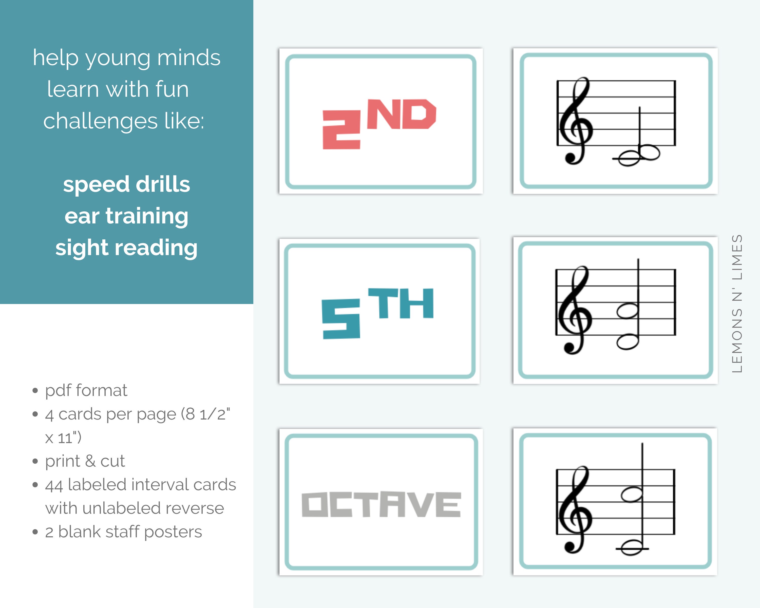 Piano Intervals Printable Flashcards, Treble Clef, Keyboard Music Notes ...