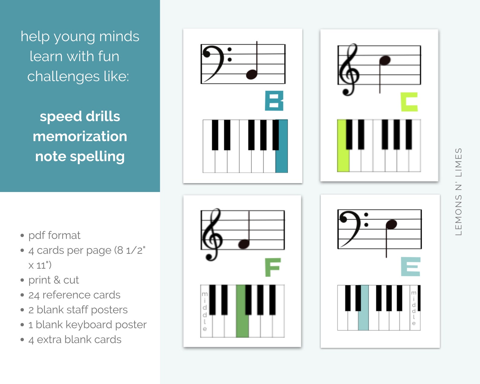 Piano Keys and Staff Printable Flashcards, Piano Music Notes Notecards ...
