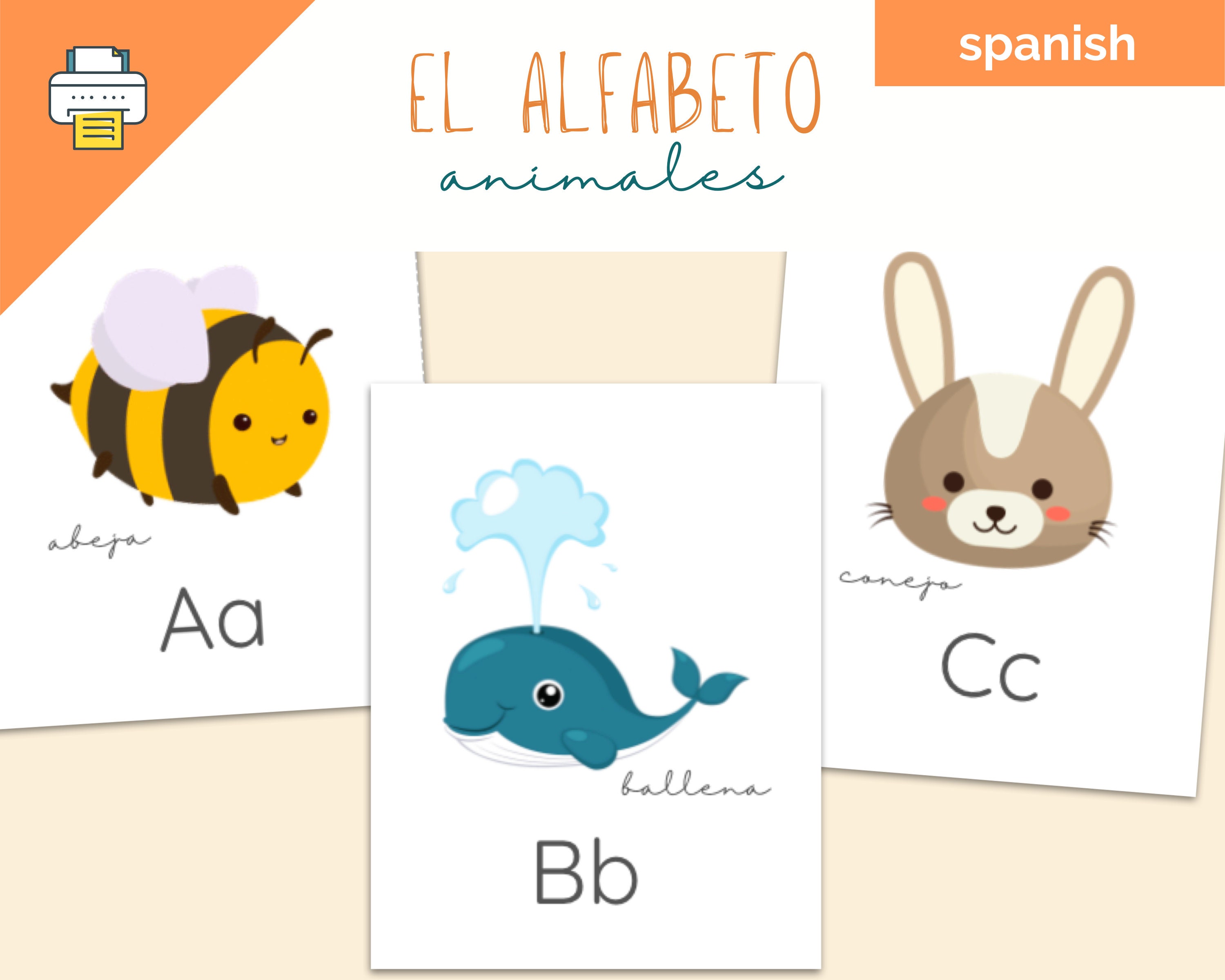 Spanish Alphabet Cards, El Alfabeto Animal, ABC Printable Cards, Wall ...