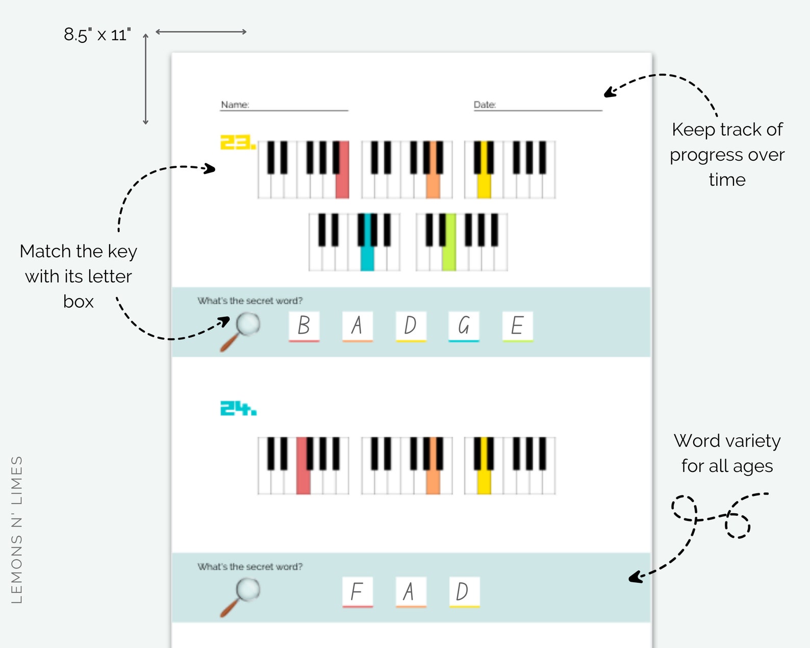 Piano Keys Printable Worksheets, Piano Notes Word Game, Music Notes ...