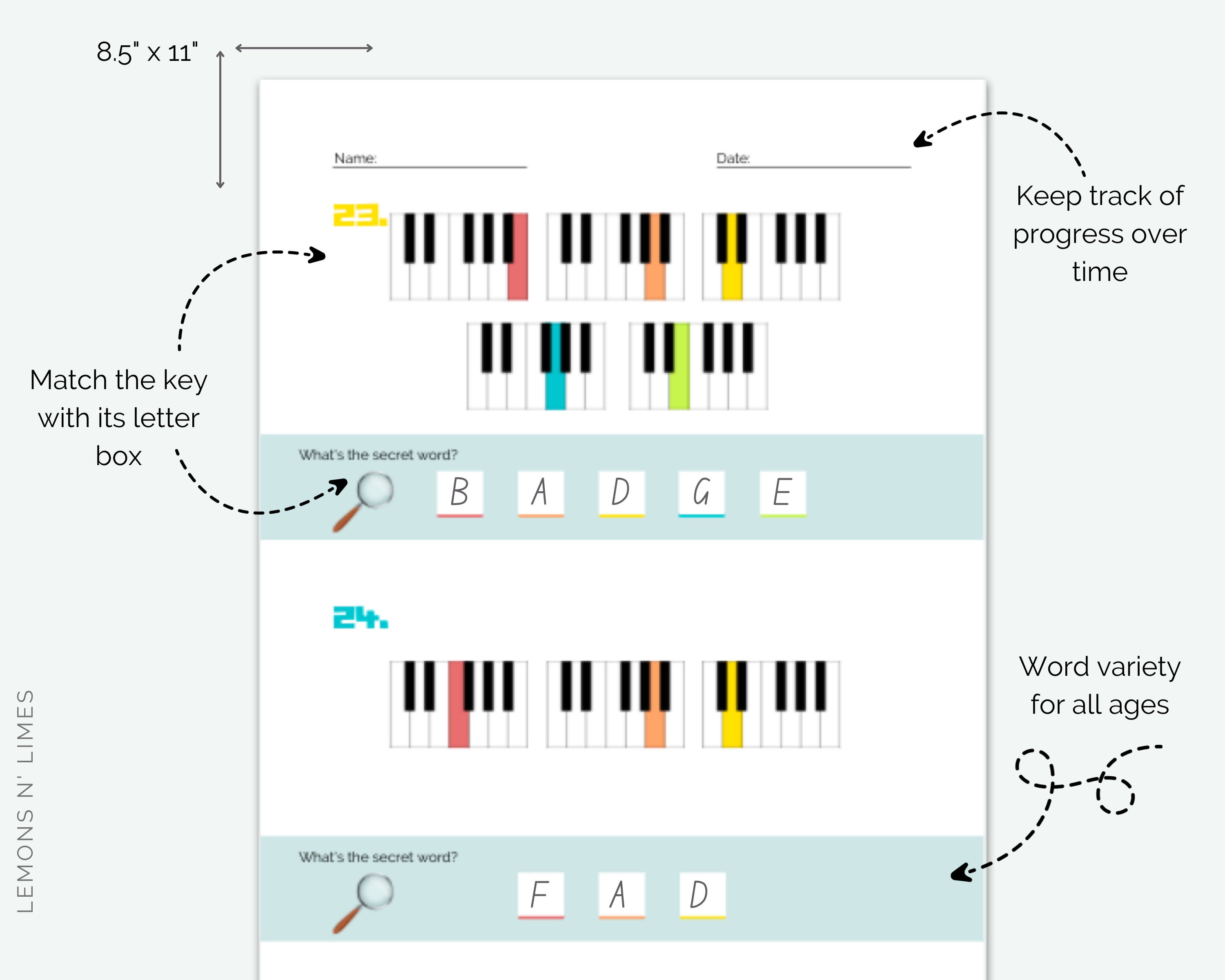 Piano Keys Printable Worksheets, Piano Notes Word Game, Music Notes ...