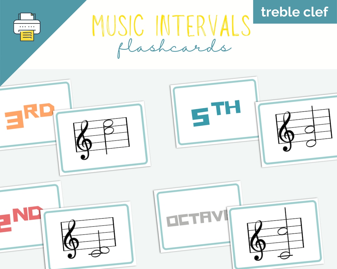 Piano Intervals Printable Flashcards, Treble Clef, Keyboard Music Notes ...