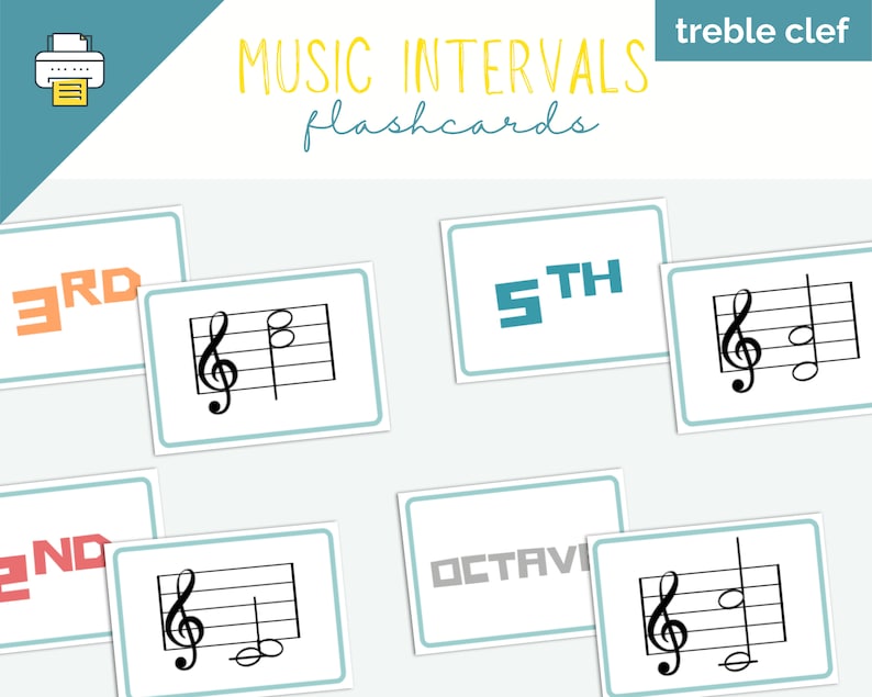 Piano Intervals Printable Flashcards, Treble Clef, Keyboard Music Notes ...