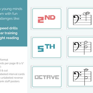 Piano Intervals Printable Flashcards, Bass Clef, Keyboard Music Notes ...