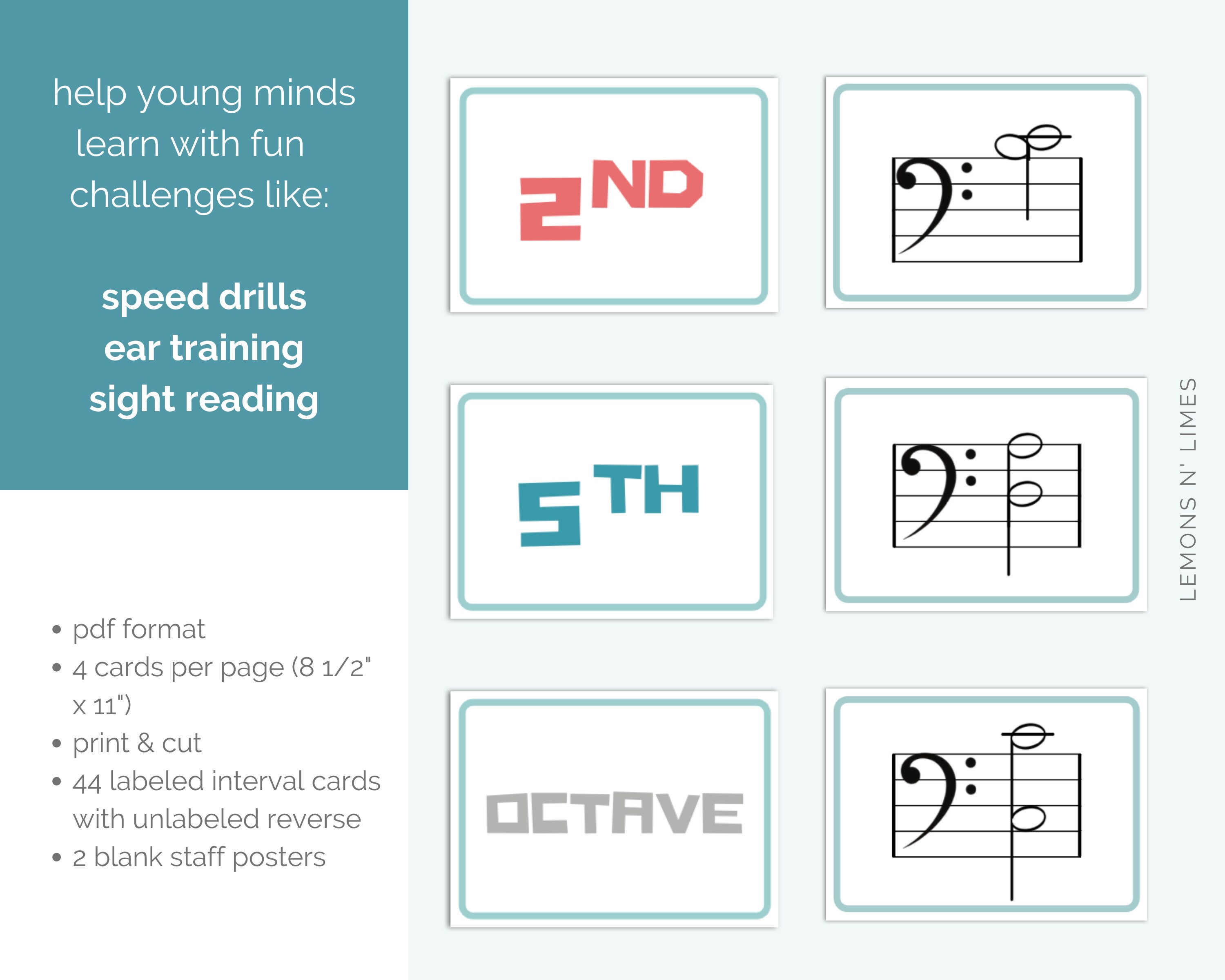 Piano Intervals Printable Flashcards, Bass Clef, Keyboard Music Notes ...